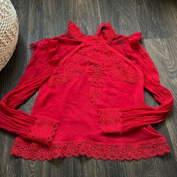 The Kooples | Tops | The Kooples Red Lace Sheer Top | Poshmark